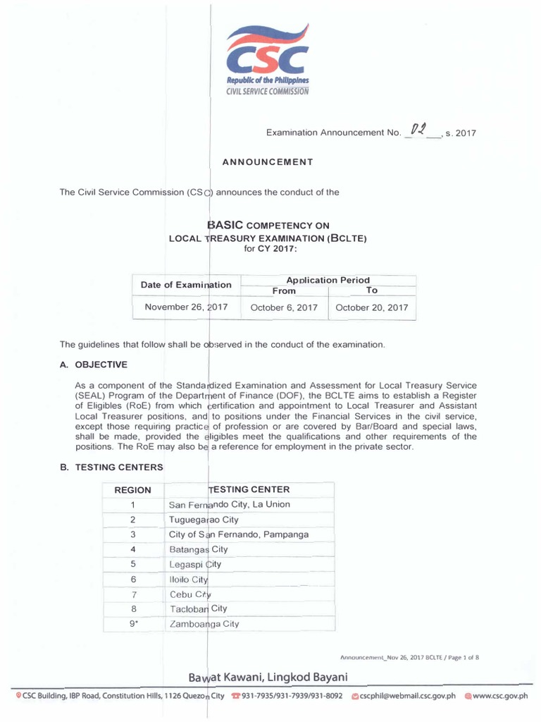 4 CSC Exam Announcement No. 2 s. 2017 | Identity Document | Test ...