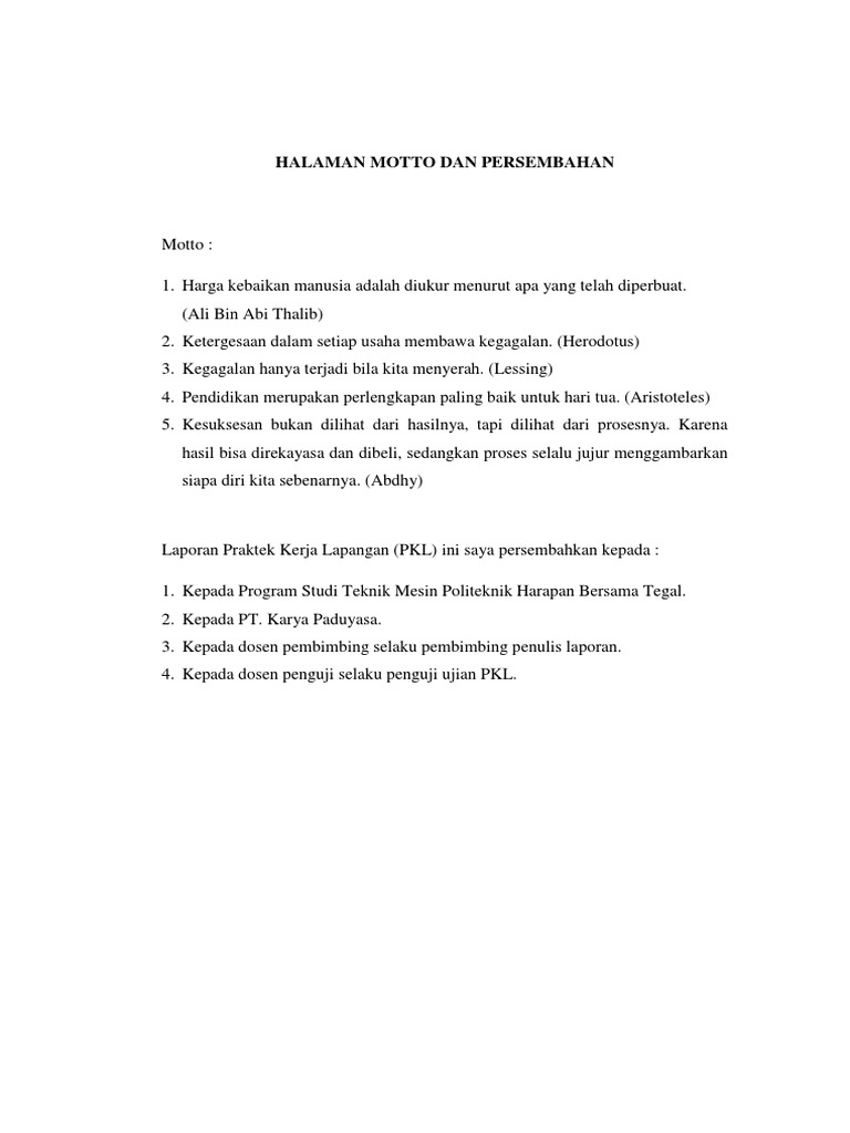 Motto dan Persembahan PKL Teknik Mesin | PDF