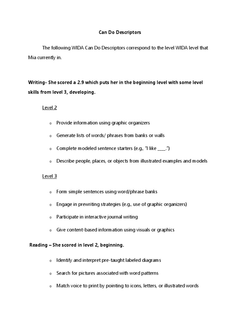 WIDA Can Do Descriptors for Grades 9-12 | PDF
