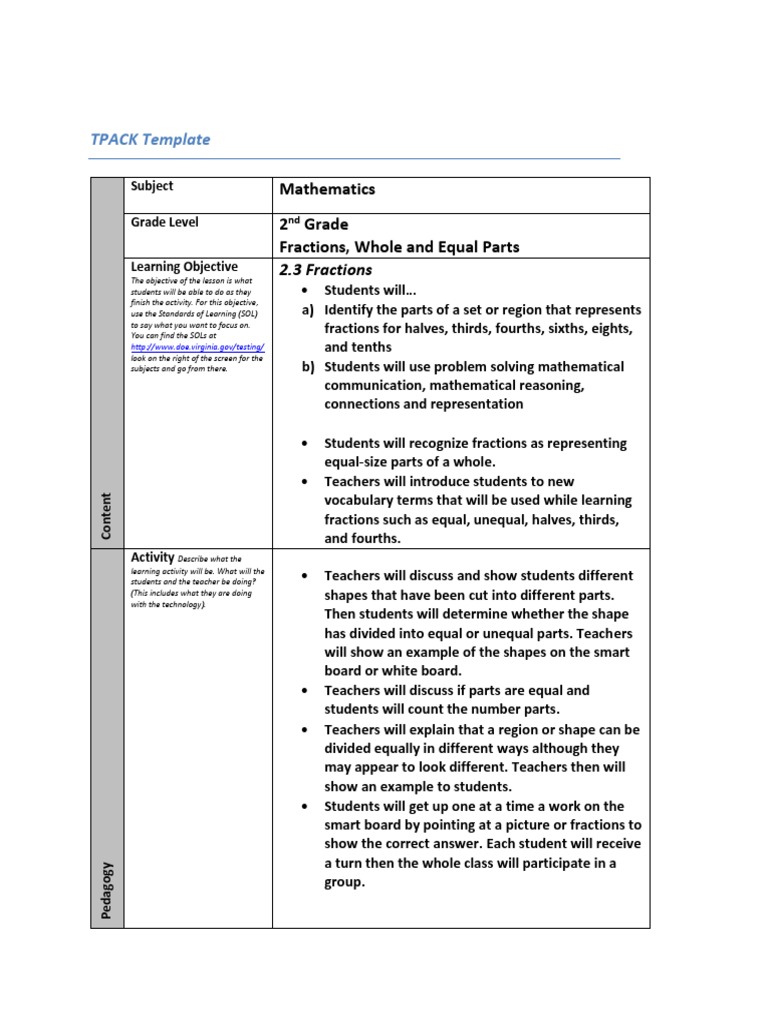 Tpack Template Iwb 1 | PDF | Fraction (Mathematics) | Teaching Mathematics