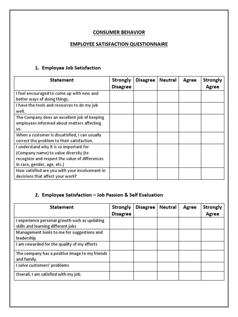 Questionnaire Survey For Job Satisfaction 20 Key Employee Satisfaction