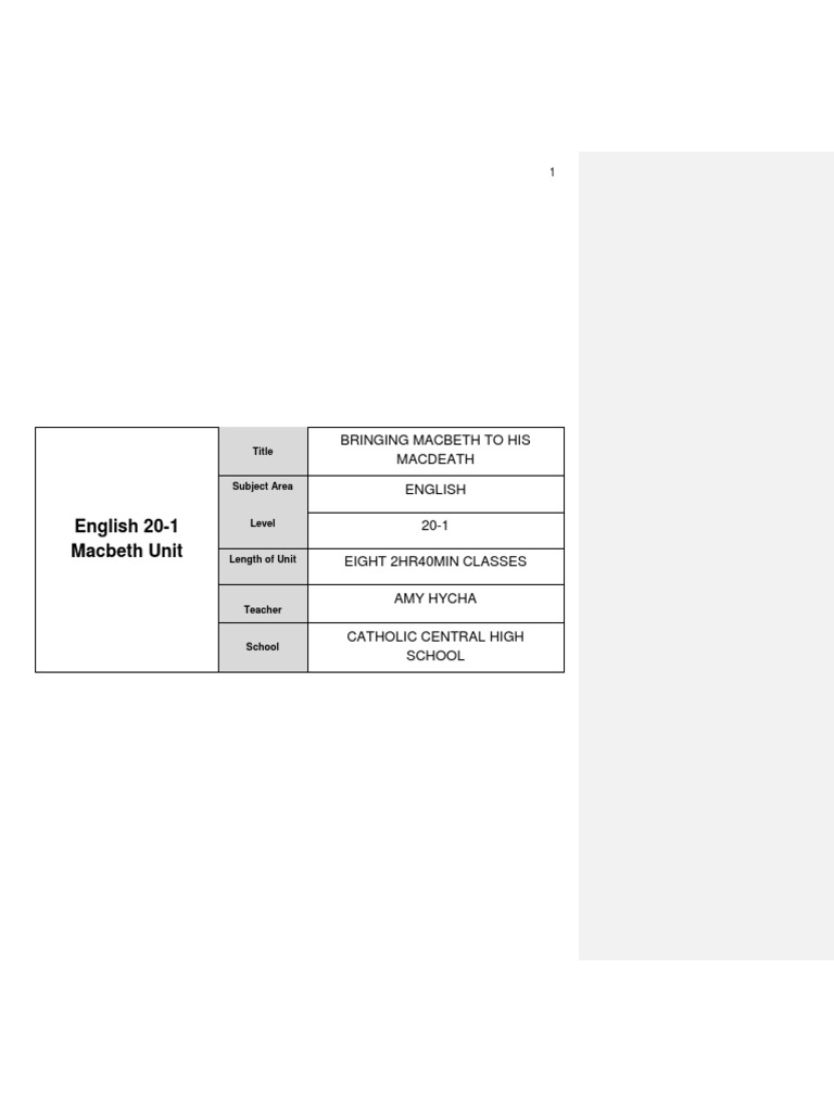 1 1 Unit Plan | PDF | Macbeth | William Shakespeare