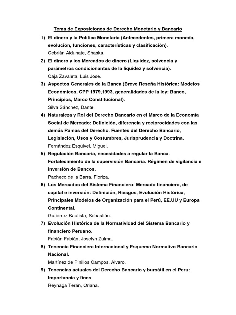 Tema de Exposiciones de Derecho Monetario y Bancario | PDF