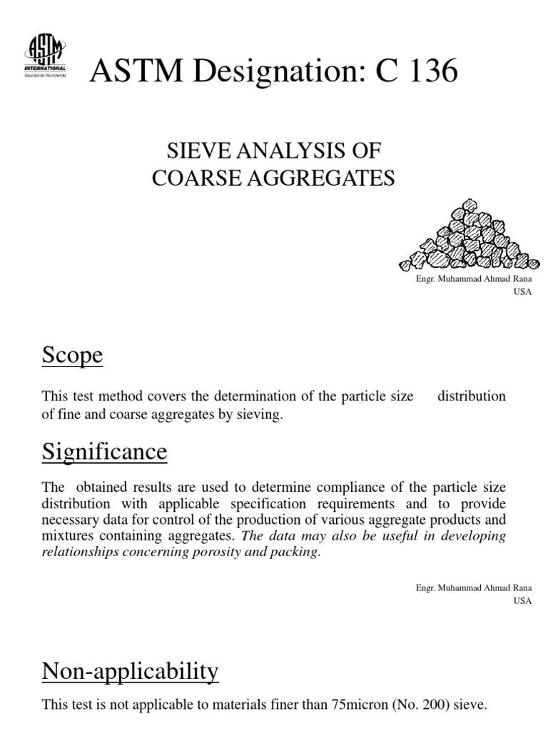 ASTM Designation: C 136: Sieve Analysis of Coarse Aggregates | PDF ...
