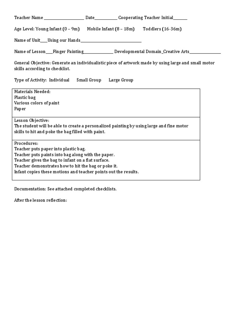 Lesson Activity Plan Infant Toddler 1 | PDF | Art