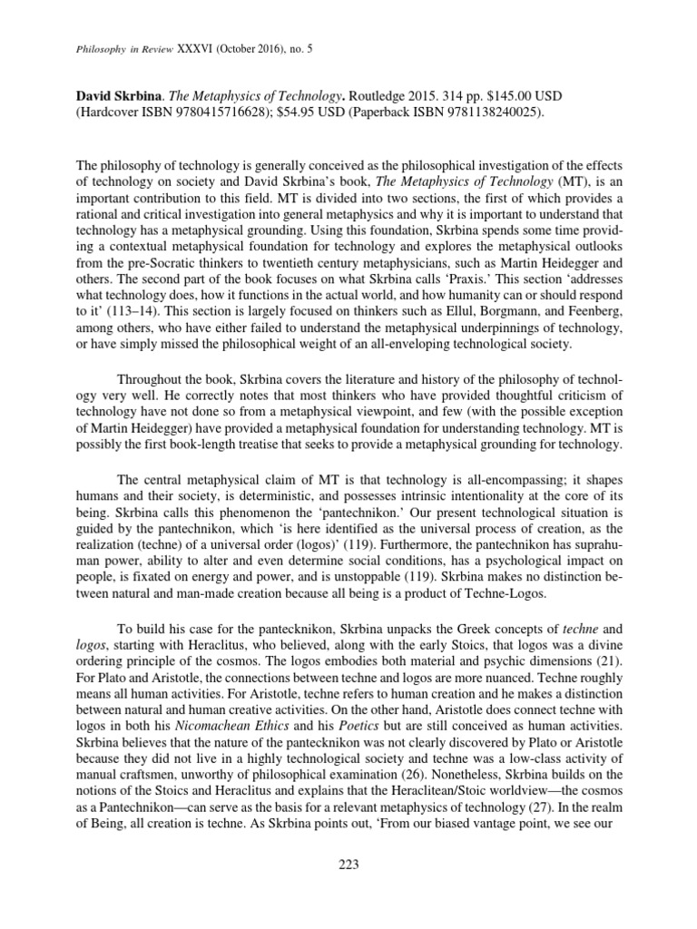 Review-David Skrbina. The Metaphysics of Technology | PDF | Logos ...