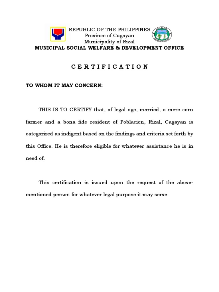 Certification: Municipal Social Welfare & Development Office | PDF ...