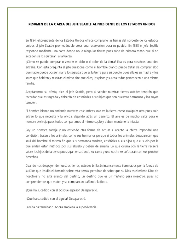 Resumen de La Carta Del Jefe Seattle Al Presidente de Los Estados Unidos