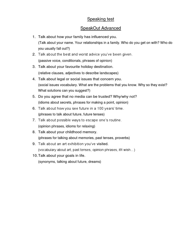 Advanced Speaking Topics Exam Test | PDF