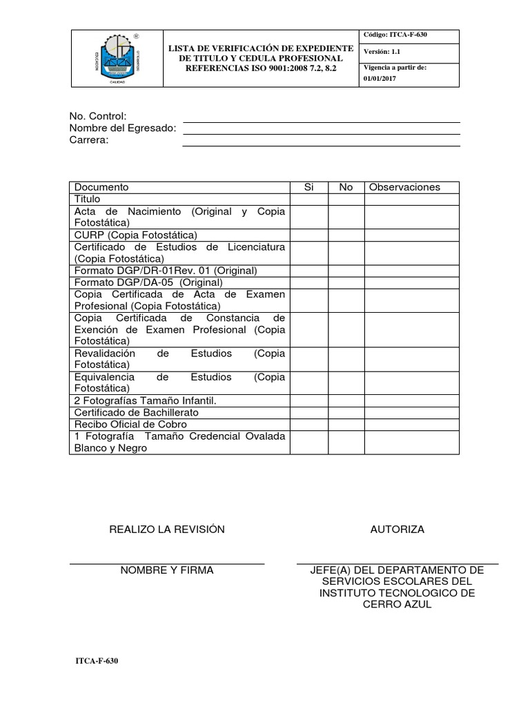 Itca-F-630 Lista de Verificacion de Expediente de Titulo y Cedula ...