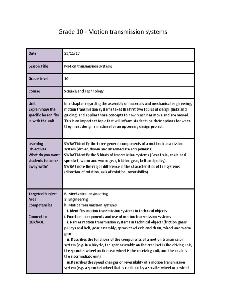 Lesson Plan - Grade 10 CH 13 Motion Transmission Systems | PDF ...