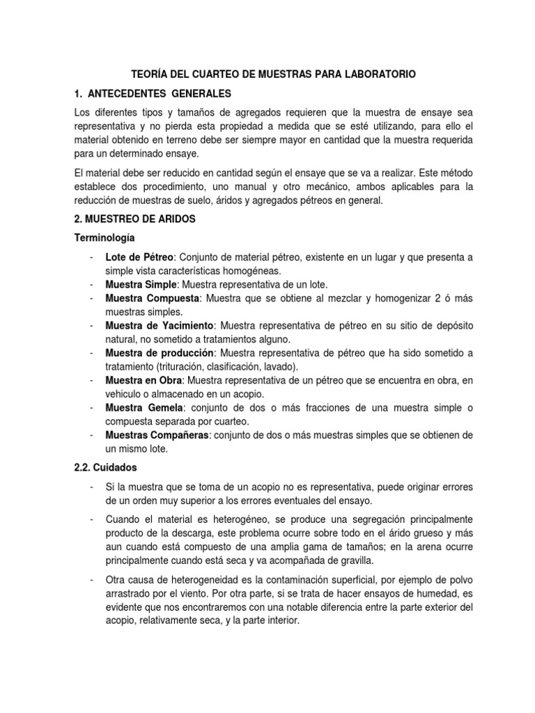 Teoría Del Cuarteo de Muestras para Laboratorio | PDF | Porcentaje ...