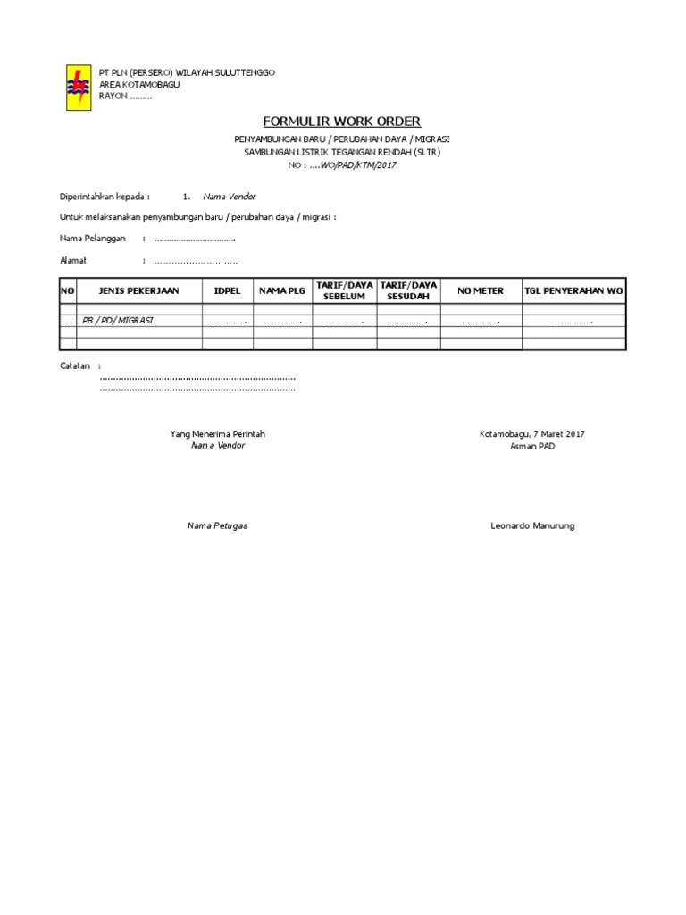 PT PLN Suluttenggo Area Kotamobagu Formulir Realisasi WO | PDF