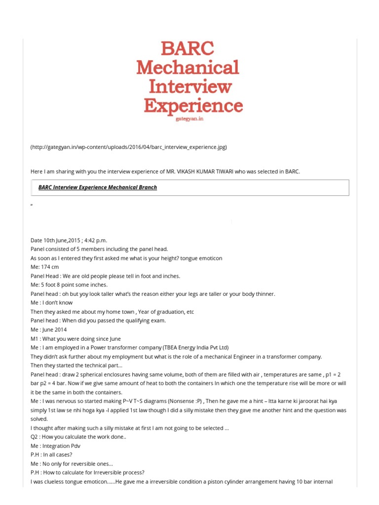 BARC Interview Experience (Mechanical) - How To Crack BARC Interview - GateGyan | PDF ...