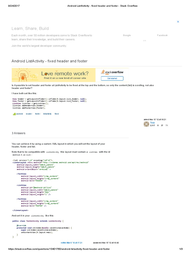 Android Listactivity Fixed Header And Footer Stack Overflow Pdf Android Operating 