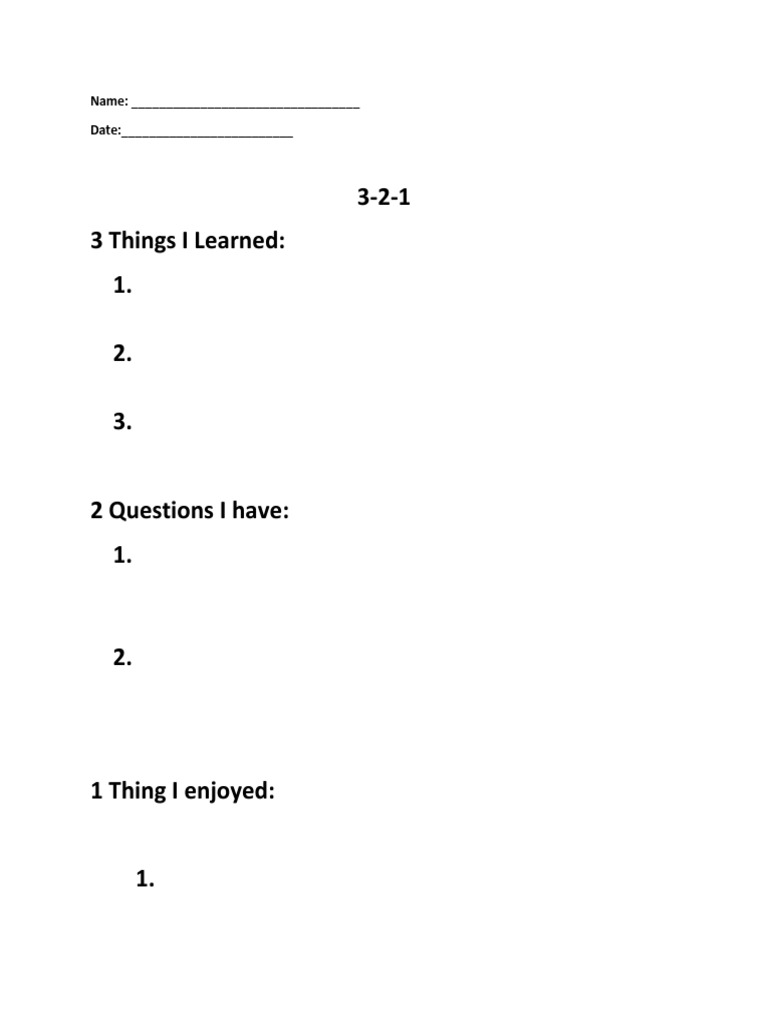 3-2-1 3 Things I Learned: 1. 2. 3.: Name: - Date | PDF