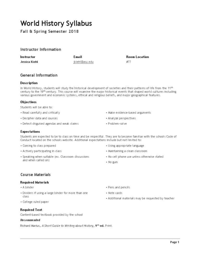 World History Syllabus | PDF | Homework | Academic Dishonesty