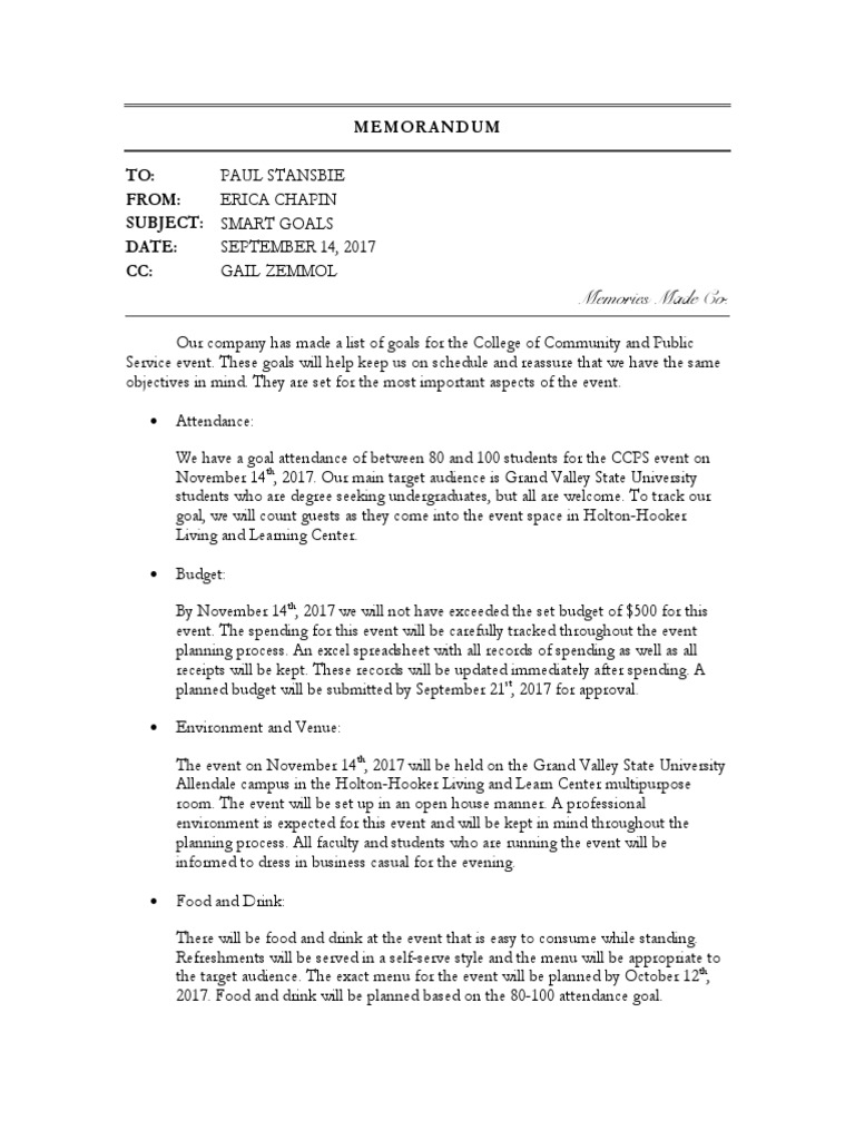 Smart Goals Memo HTM 240 | PDF | Target Audience | Communication