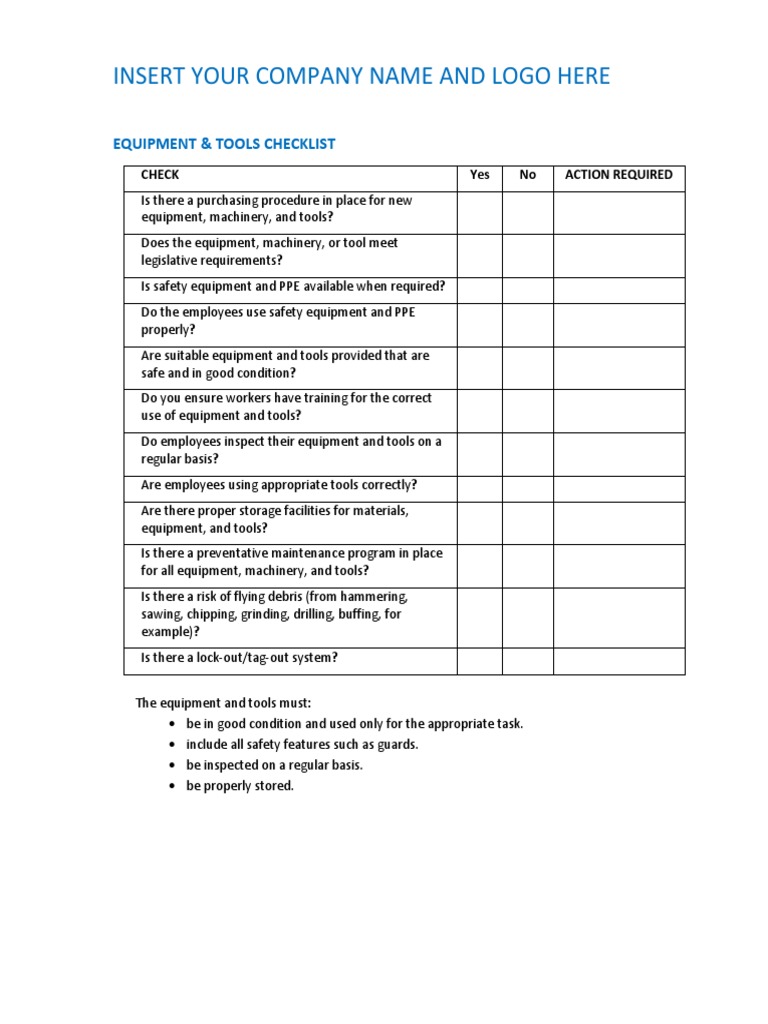 Equipment and Tools Checklist English | PDF