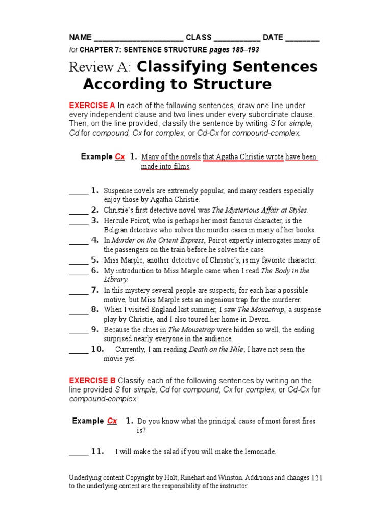 Worksheet 121 Classifying Sentences According To Structure | PDF | Miss ...