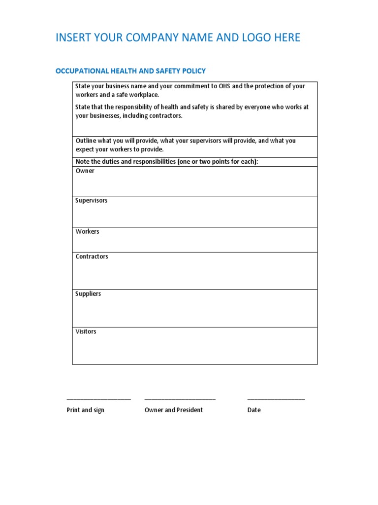 OHS Policy Template English | PDF