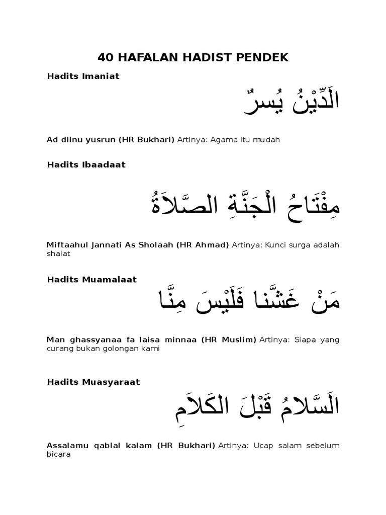 40 Hafalan Hadist Pendek | PDF | Islamic Branches | Sharia