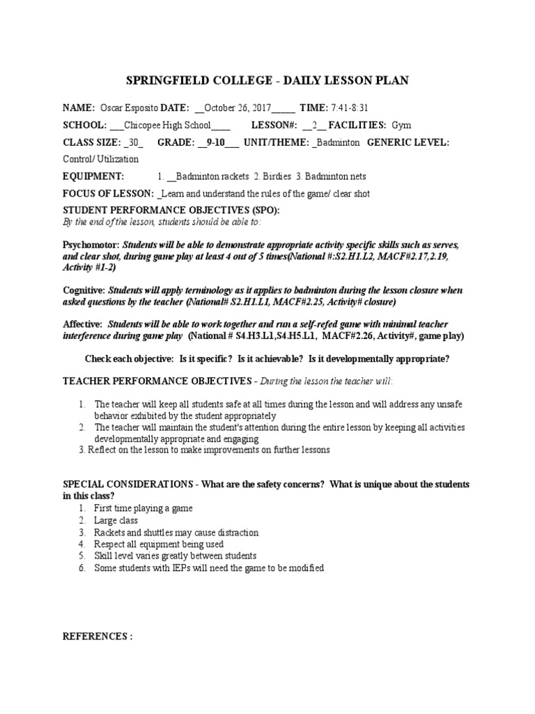 Badminton Lesson Plan for Grades 9-10 | PDF | Cognitive Science ...