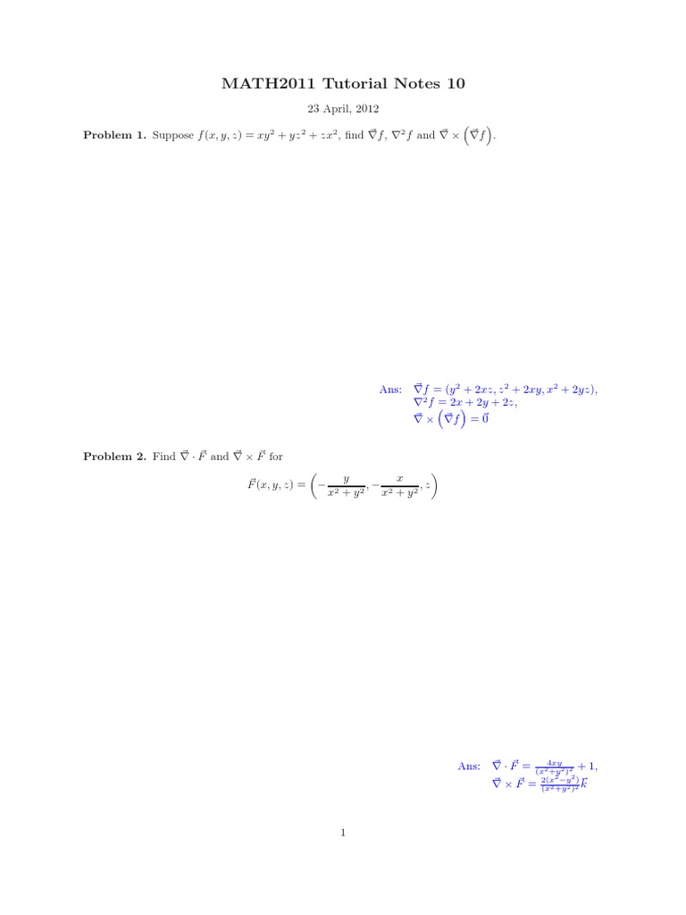 MATH2011 Tutorial Notes 10: 23 April, 2012 Suppose F (X, Y, Z) Xy + Yz ...
