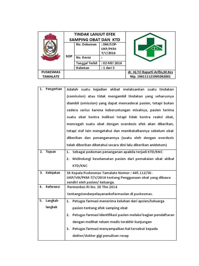 Sop Tindak Lanjut Efek Samping Obat Dan KTD | PDF