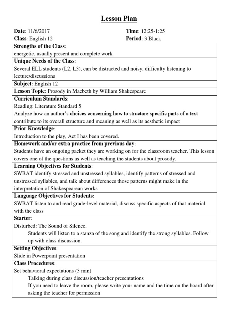 Macbeth Lesson Plan 1 | Download Free PDF | Metre (Poetry) | Stress ...