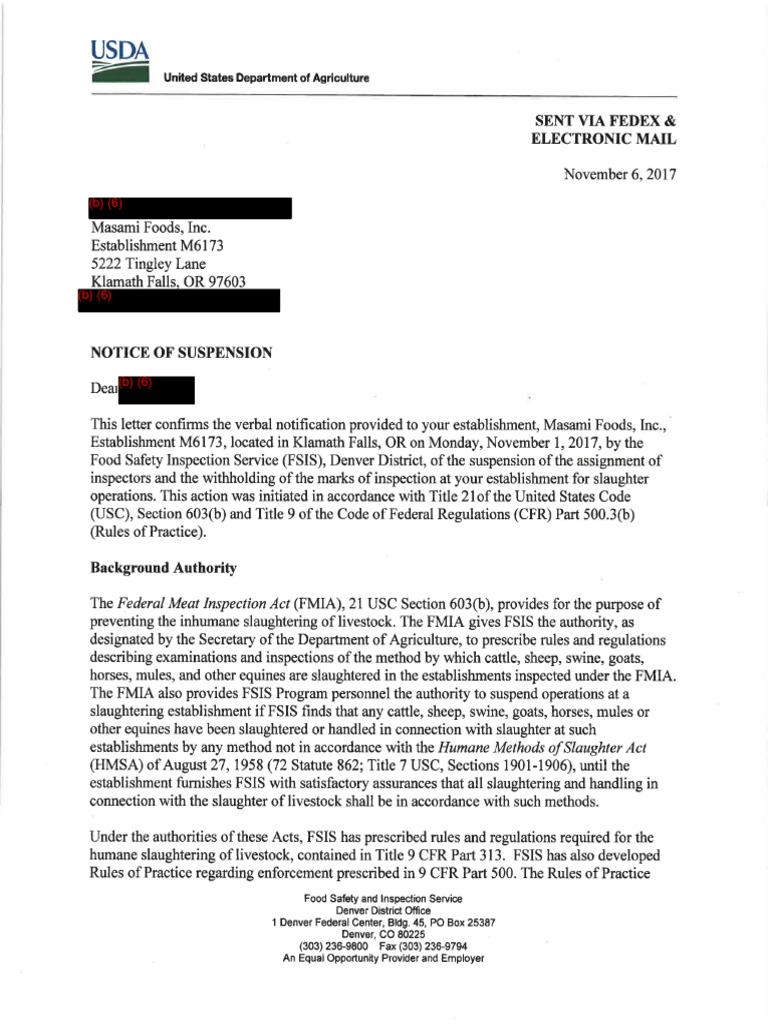 Masami Foods USDA Citation | PDF | Animal Slaughter | Food Safety