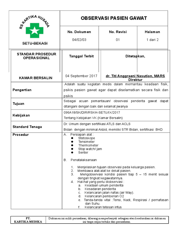 VK SOP 002 Observasi Pasien Gawatdi VK | PDF