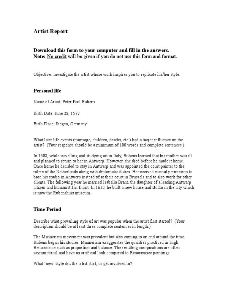 Artist Report: Download This Form To Your Computer and Fill in The ...