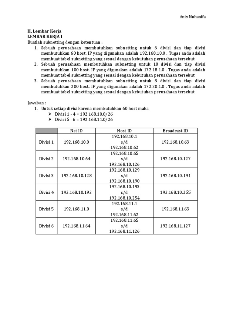Tabel Subnetting untuk Perusahaan | PDF