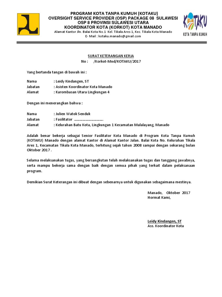 Surat Keterangan Kerja Julien Watok | PDF