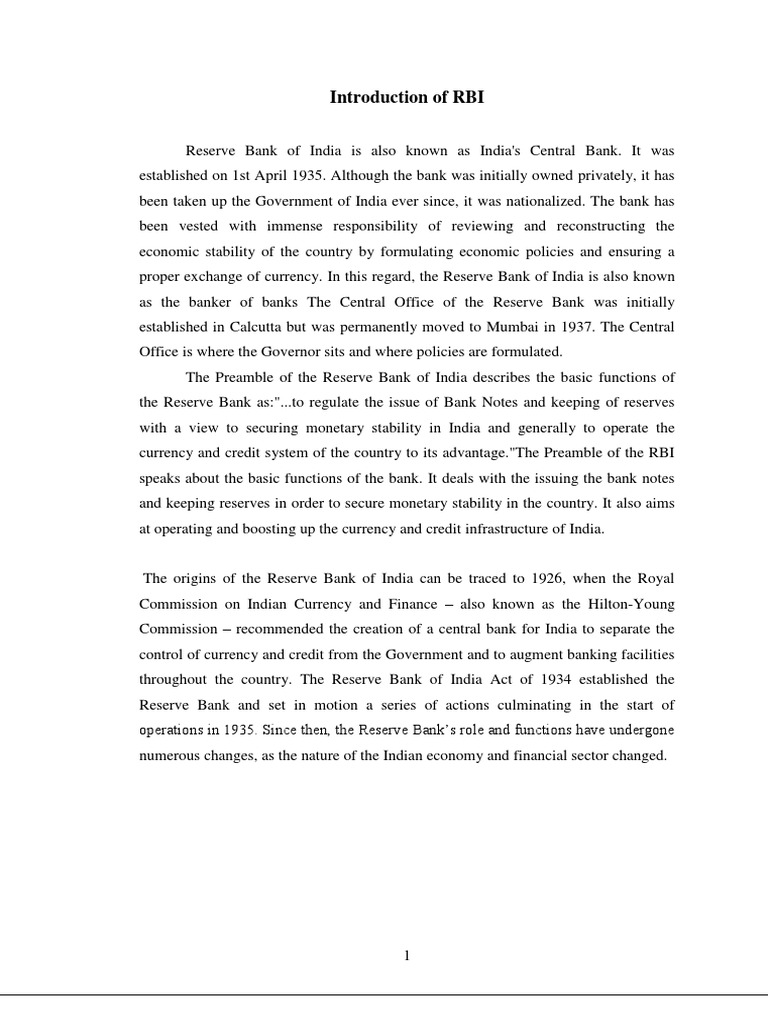 Project Role of RBI Word Doc.3 | PDF | Reserve Bank Of India | Central ...