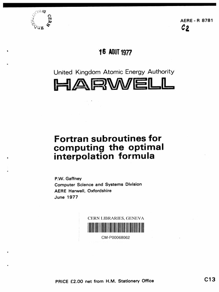 Fortran Subroutines For Computing The Optimal Interpolation Formula P W Gaffney 1977 Report