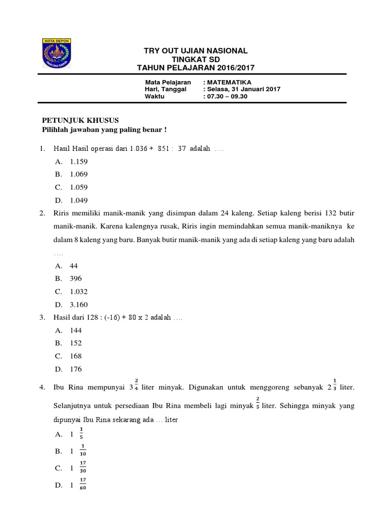 Latihan Soal UN SD Matematika Paket 1 | PDF