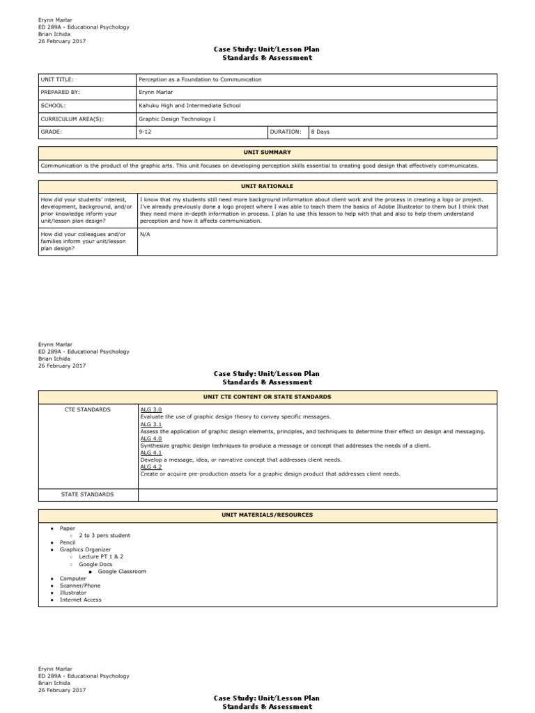 Case Study: Unit/Lesson Plan Standards & Assessment | PDF