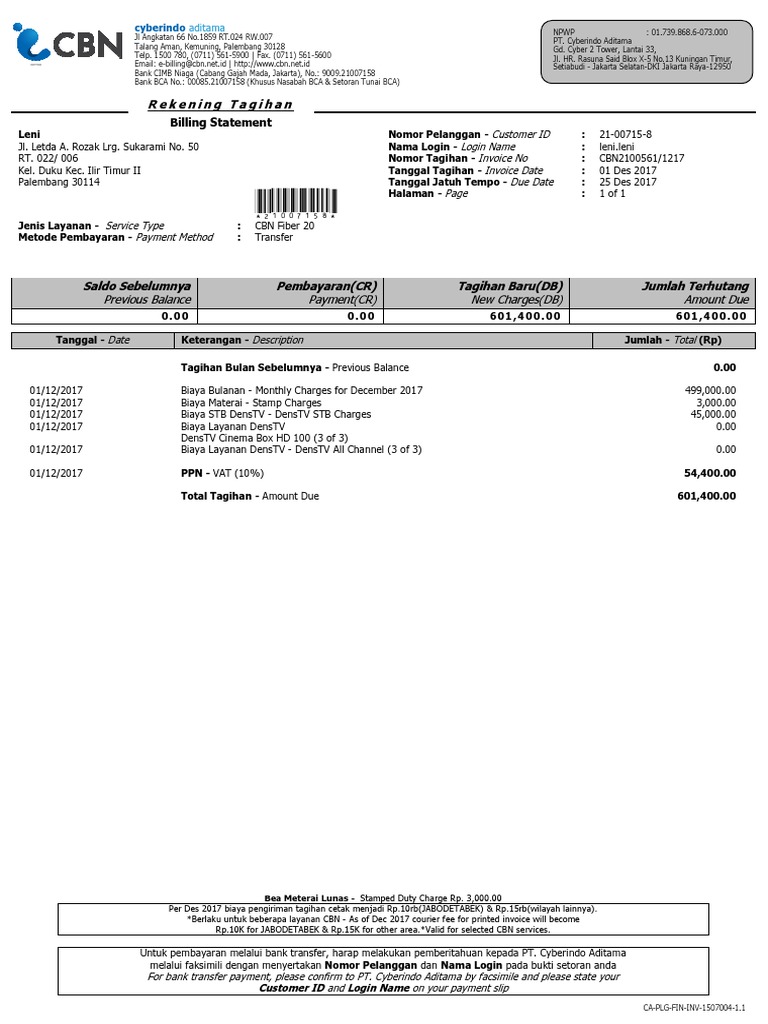 CBN Fiber 20 Billing Statement | PDF