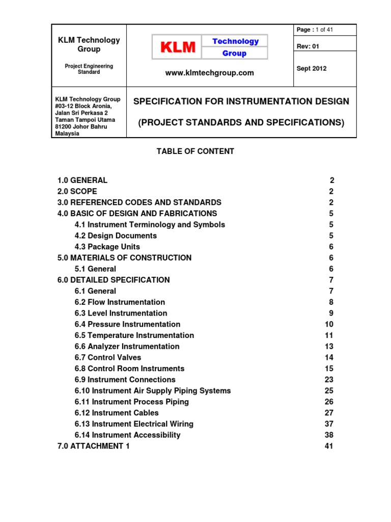 PROJECT STANDARD AND SPECIFICATIONS Instrumentation Specifications ...