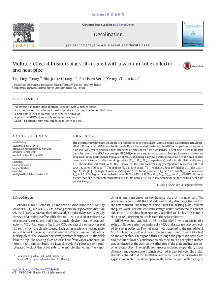 Multiple-Effect Diffusion Solar Still Coupled | PDF | Distillation ...