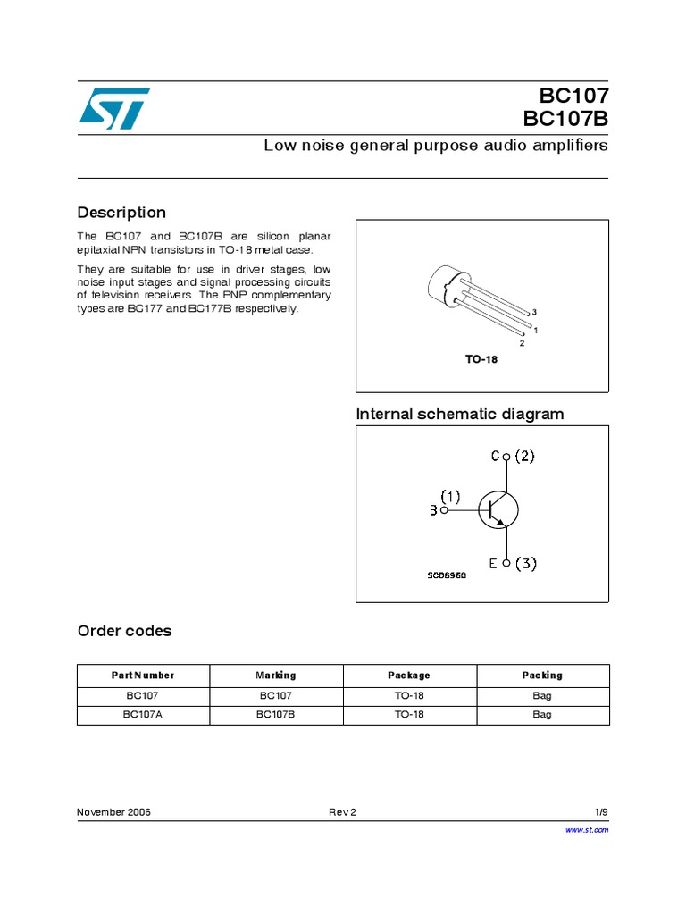 BC107 BC107B: Low Noise General Purpose Audio Amplifiers | PDF ...