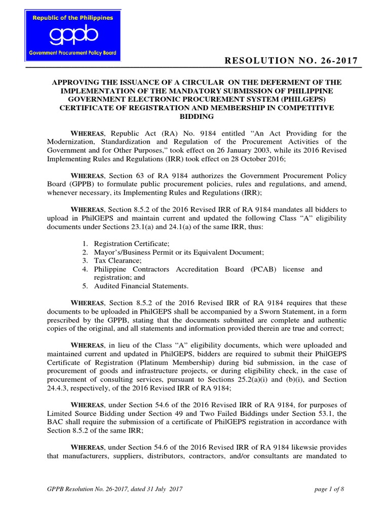 GPPB Resolution No. 26-2017 | PDF | Procurement | Audit