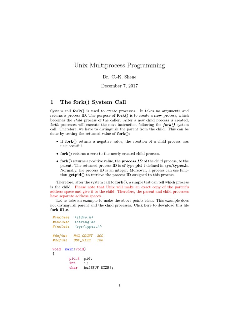 Unix Multiprocess Programming: 1 The Fork System Call | PDF | Computer ...