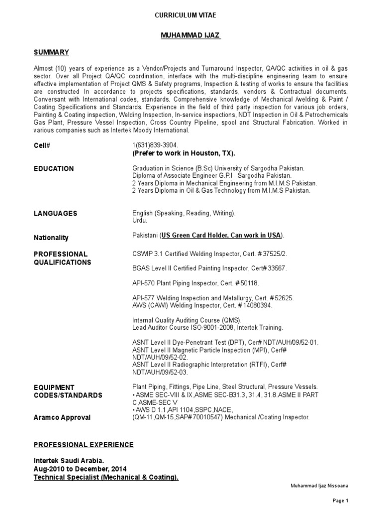 CV Mohd - Ijaz Aramco Vid Approved | PDF | Nondestructive Testing ...