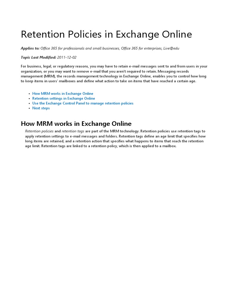 Retention Policies | PDF | Microsoft Outlook | Online And Offline