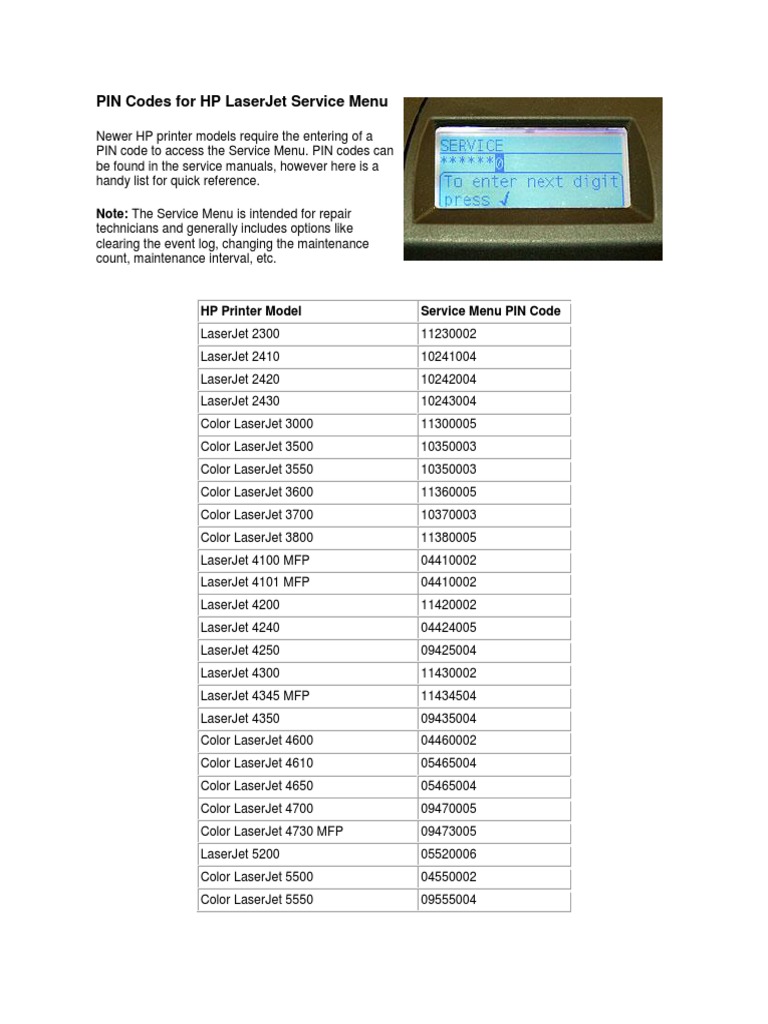 PIN Codes For HP LaserJet Service Menu | PDF | Computer Hardware ...