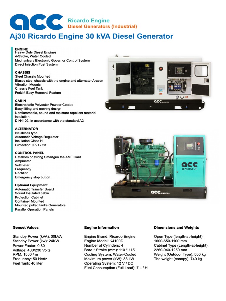 Aj30 Ricardo Engine 30 kVA Diesel Generator | PDF