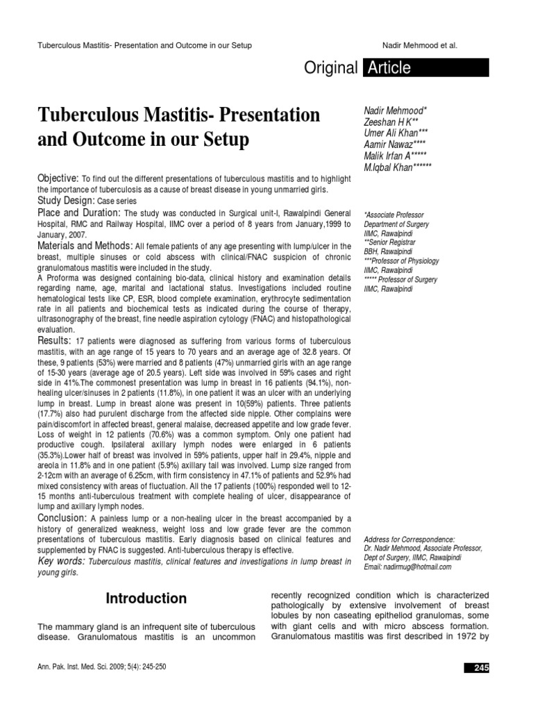 Tuberculous Mastitis-Presentation and Outcome in Our Setup: Original ...
